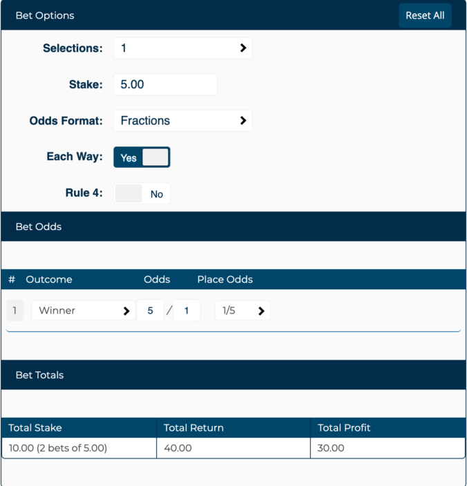 Each Way Bet Calculator - Quickly Work Out Your Winnings